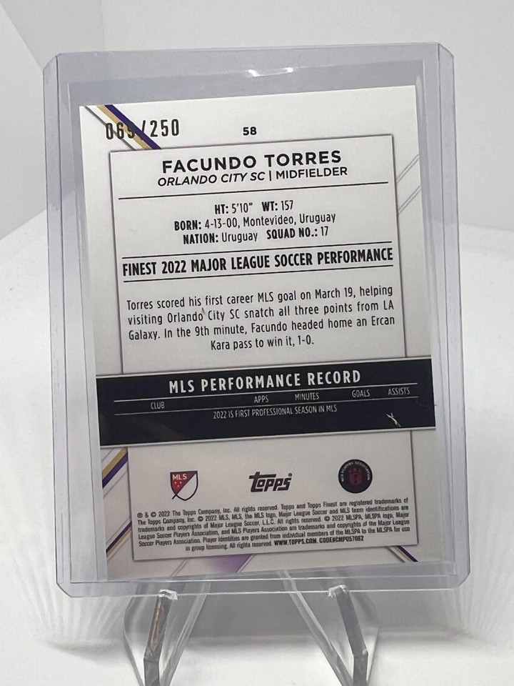 2022 Topps Finest MLS Purple Refractor /250 Facundo Torres #58 Rookie ...