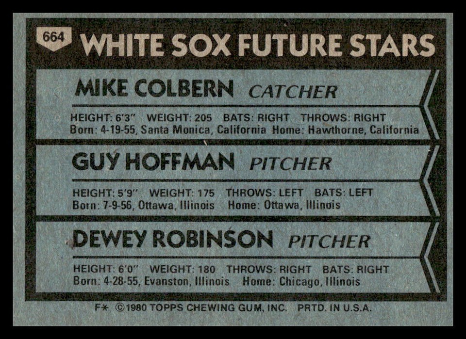 1980 Topps #664 FS Mike Colbern /Hoffman /Robinson RC White Sox ...