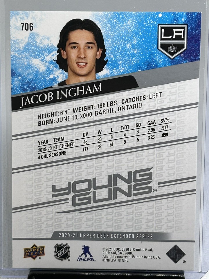2020-21 Jacob Ingham NHL Upper Deck Young Guns Rookie #706 Los Angeles ...