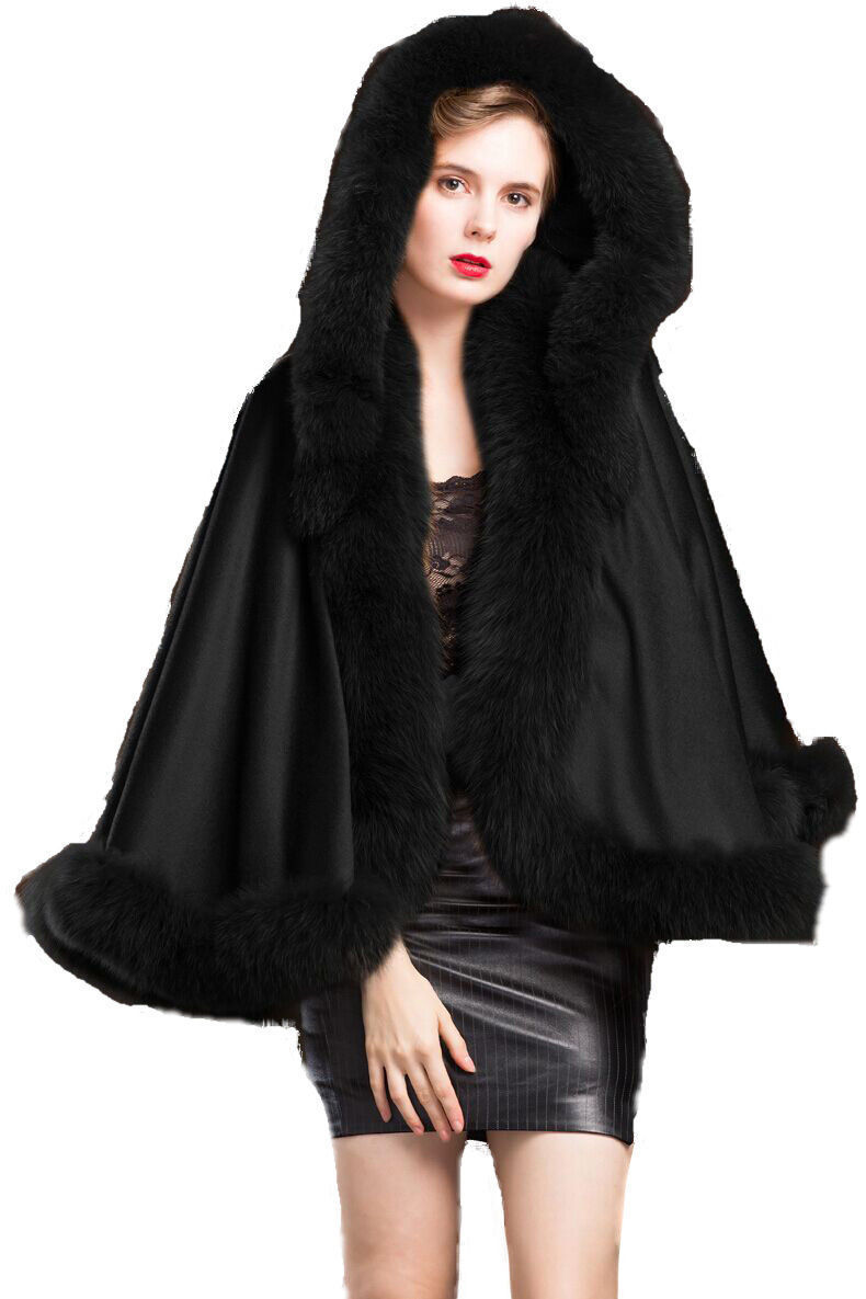 Real Cashmere Cape Hood Genuine Fox Fur Trimed All Around Cloak Party ...