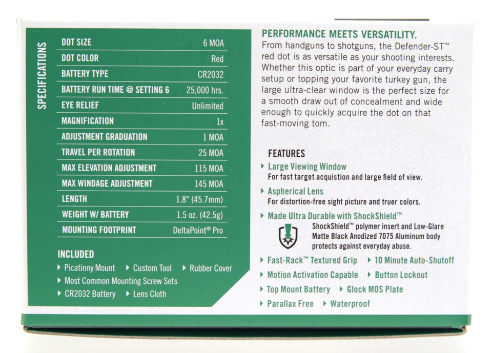 Genuine Vortex Defender-ST 6 MOA Red Dot Sight Shake Awake AutoShutoff ...