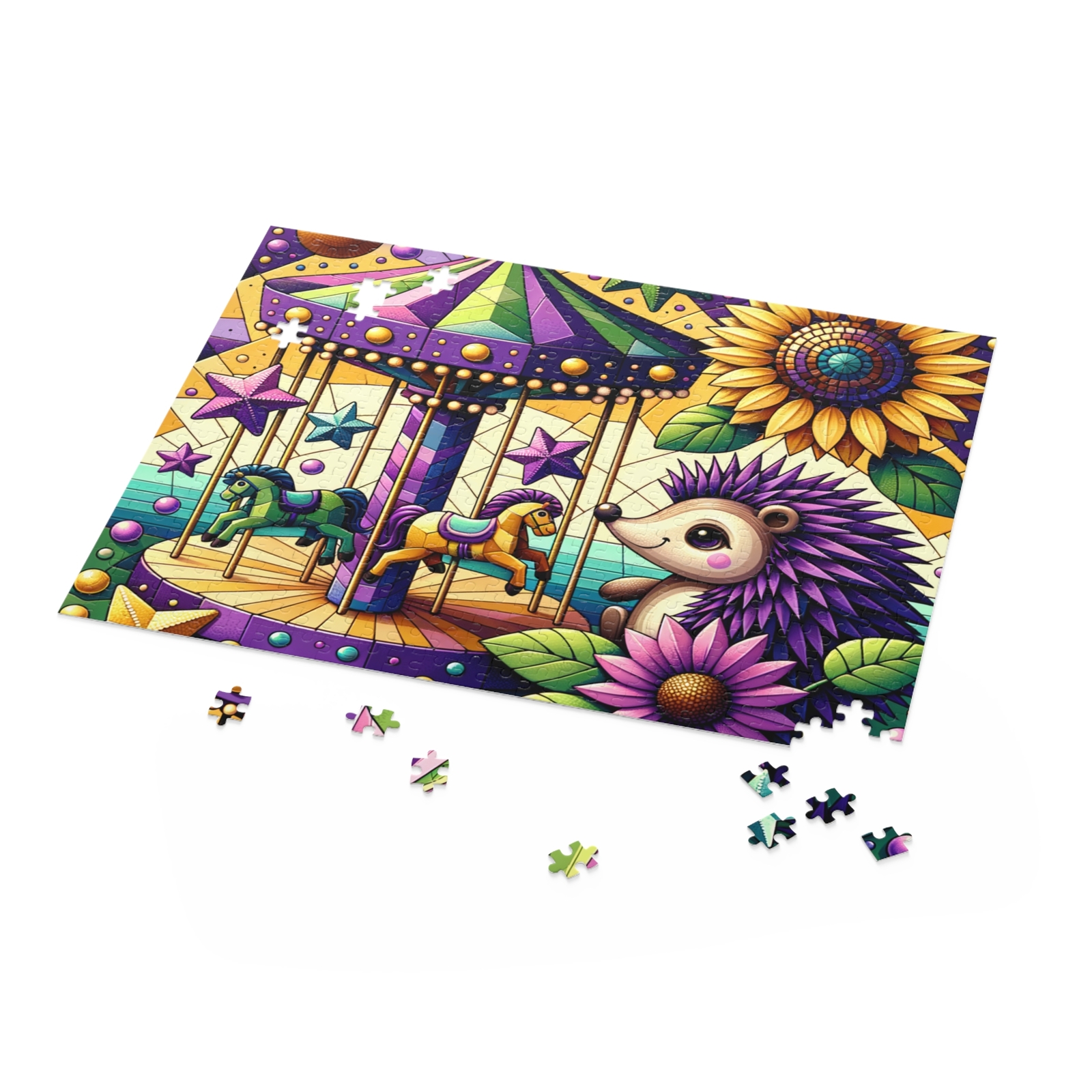 Puzzle (500 pieces) Cute Fun Hedgehog Carousel Serene Charm Colorful ...