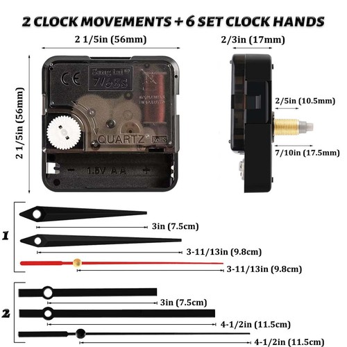 2 Non Ticking Clock Movements with 6 Pack Different Size Clock Hands ...