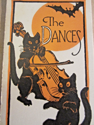 VTG 1920's ANTIQUE HALLOWEEN PARTY DANCE CARD BLACK CATS CELLO BAT MOON ...