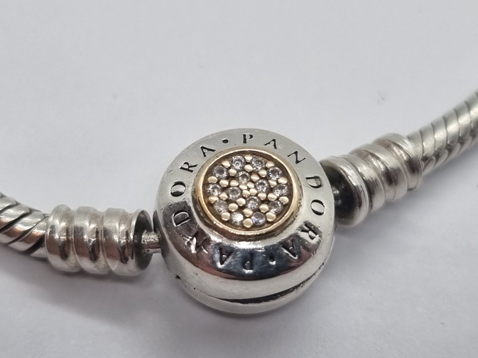PANDORA 18CM PAVE SILVER & 14ct GOLD CHARM BRACELET & OPEN HEART CHARM ...