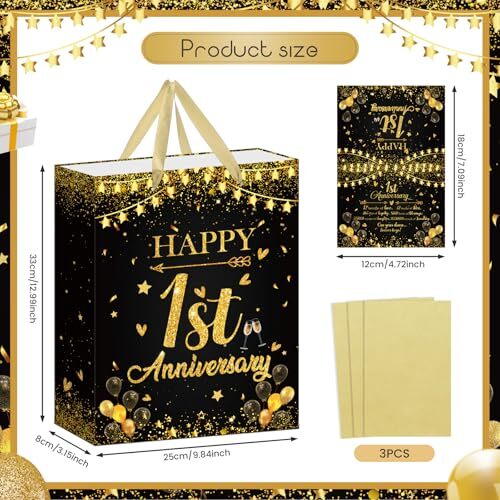 1st Anniversary Paper Gift Bag Black Gold One Year Wrapping Paper Bag ...