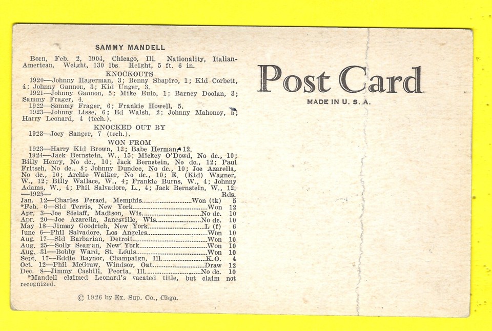 1926 VINTAGE BOXING POST CARD - SAMMY MANDELL | eBay