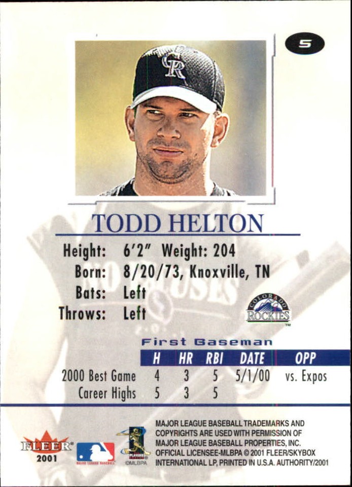 2001 Fleer Authority Baseball Card #5 Todd Helton | eBay
