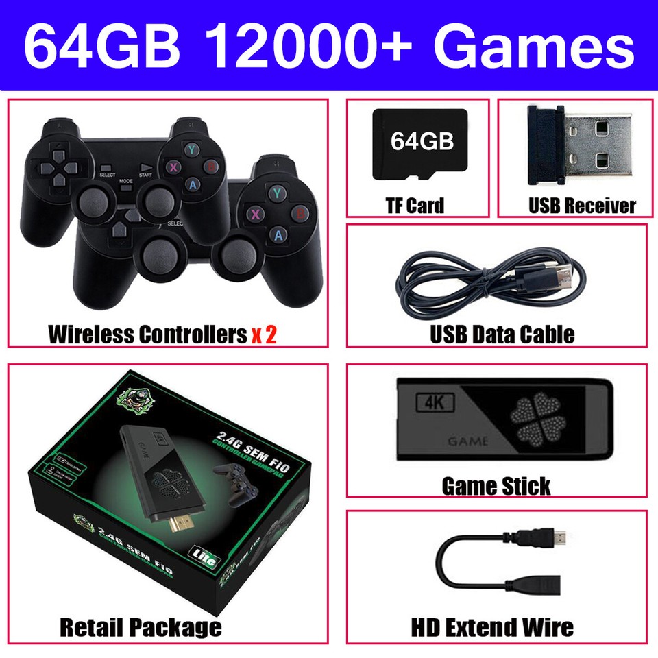 4K HDMI TV Game Stick 64GB 15000+ Game Video Game Consoles w/2*Wireless ...