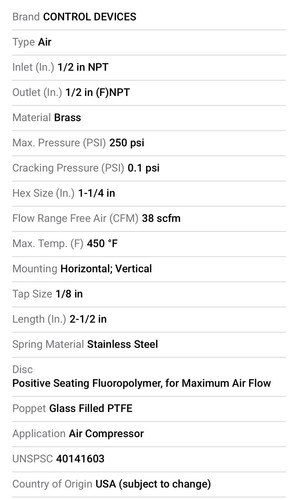CONTROL DEVICES 1/2” Brass Air Compressor Check Valve(Max 250 PSI) | eBay
