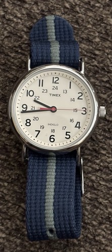 Timex Weekender Mens Watch 38mm Silver Tone Case Blue NATO Strap White ...