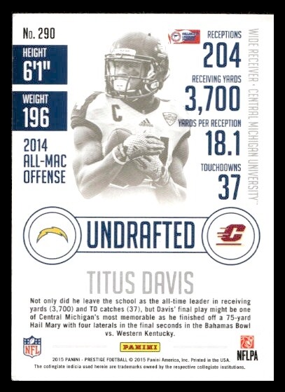 2015 Panini Prestige #290 Titus Davis Rookie San Diego Chargers | eBay