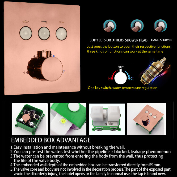 Rose Gold Rain Shower System Set Thermostatic Smart LED Shower Head ...