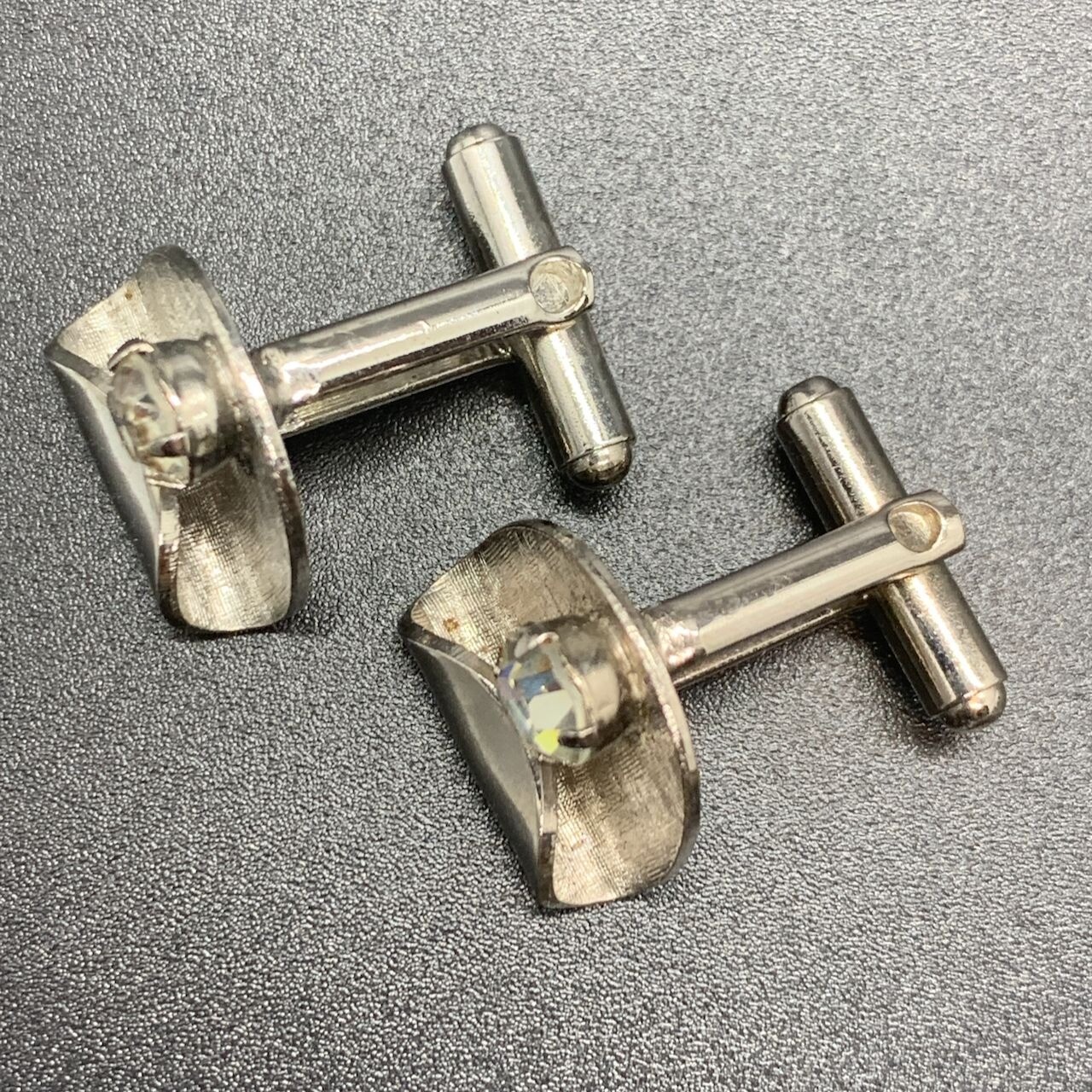 Vintage Mid Century Silver Tone Rhinestone Cufflinks Textured 3D 3/4 ...