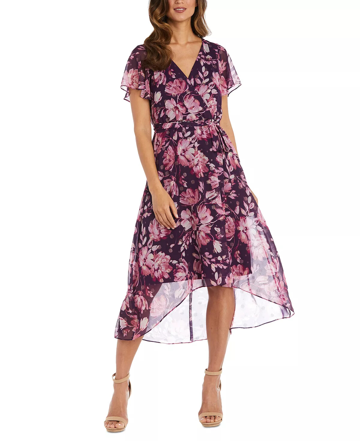 R&M Richards Dress Size 8P Petite Purple Floral Flutter Sleeve Faux ...