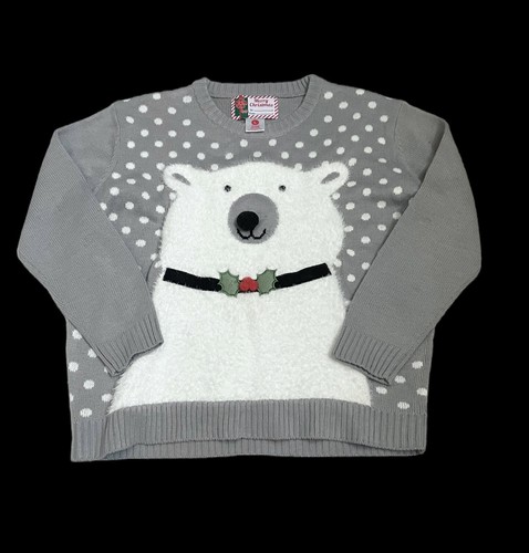 Ugly Christmas Sweater Polar Bear Holiday Adult Large Gray White Polka ...