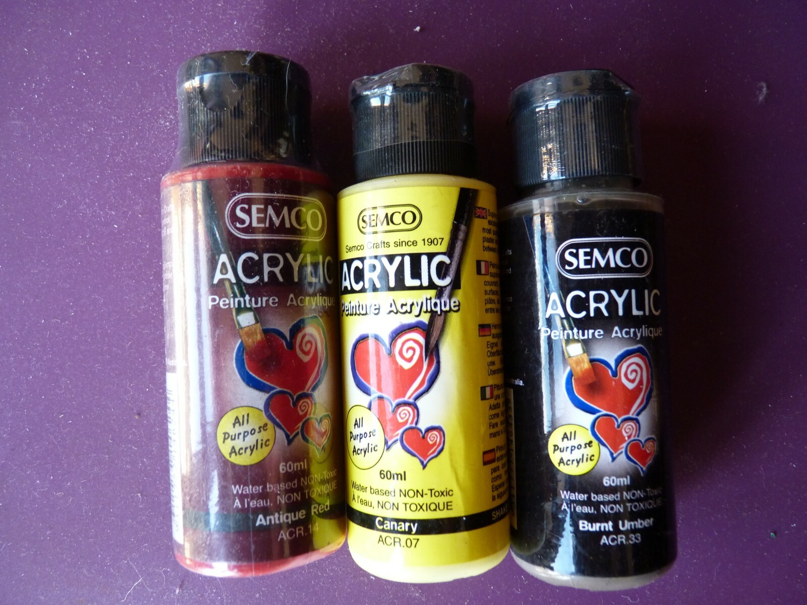 SEMCO - ACRYLIC ALL PURPOSE PAINT 60ML X 3 - CANARY,ANTIQUE RED &BURNT ...