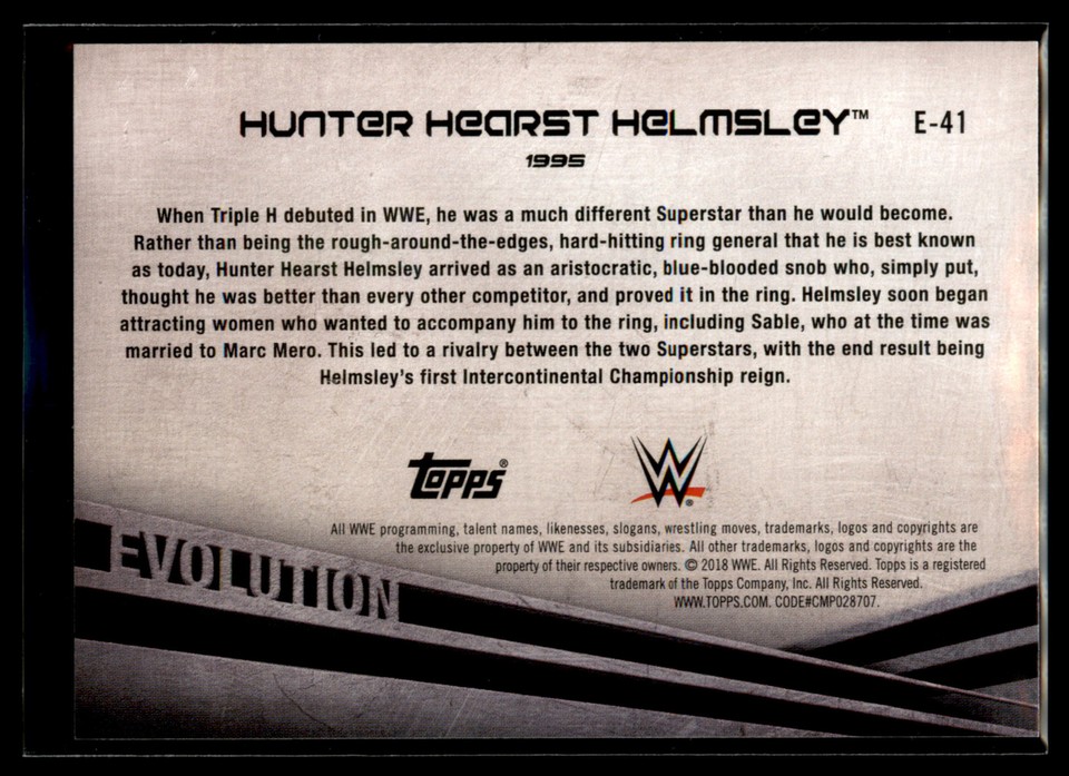 2018 Topps WWE Wrestling Evolution Insert #E-41 Hunter Hearst Helmsley ...