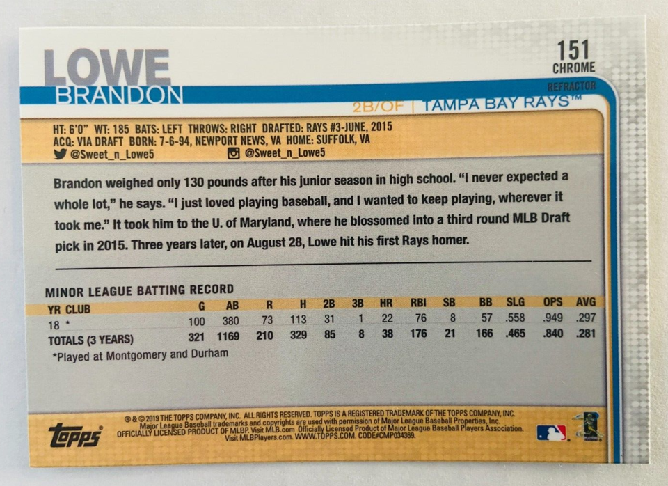 2019 Topps Chrome BRANDON LOWE Rookie Card Refractor RC | eBay