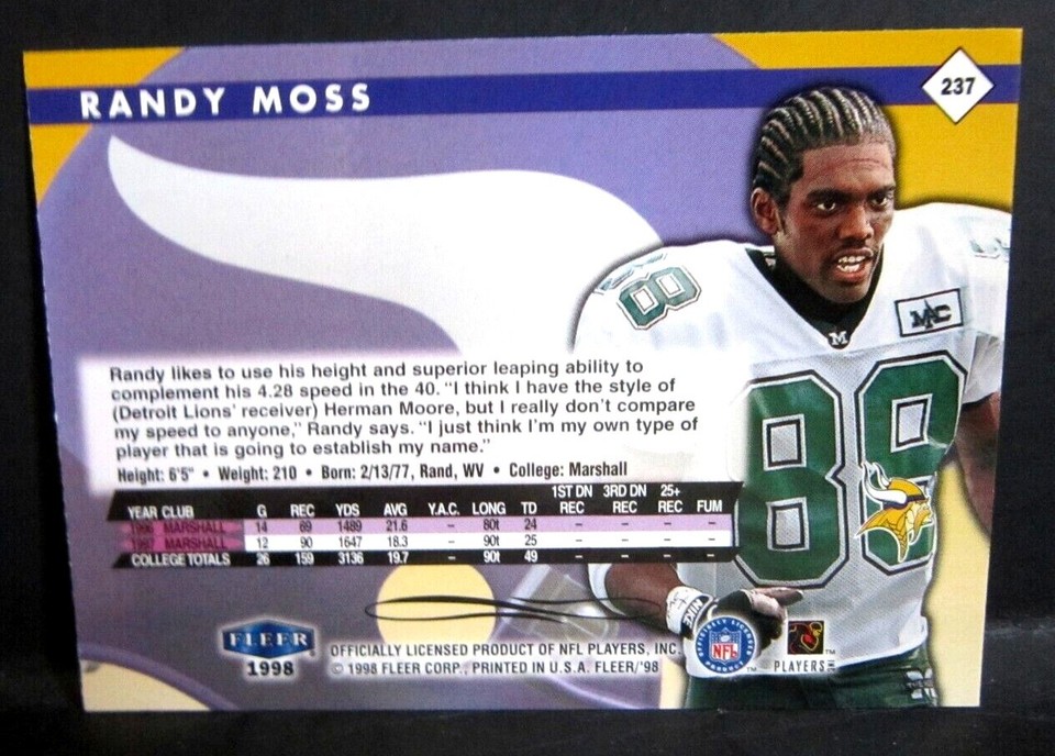 Randy Moss RC 1998 Fleer Traditional ROOKIE Card#237!Vikings WR RC GOAT ...