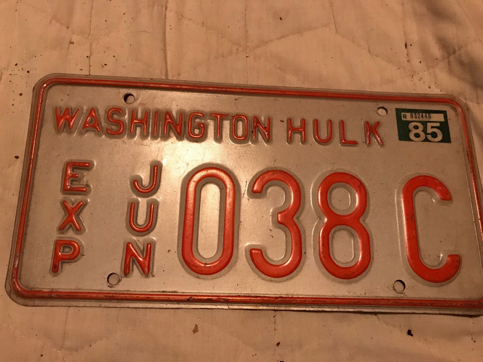 1985 WASHINGTON HULK LICENSE PLATE 038C | eBay
