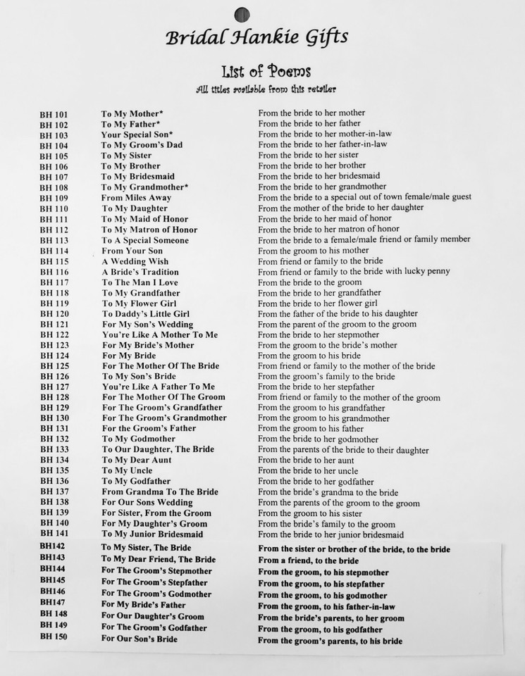 Mother Mom Hankie Handkerchief Wedding Poem Gift Keepsake Favor ...