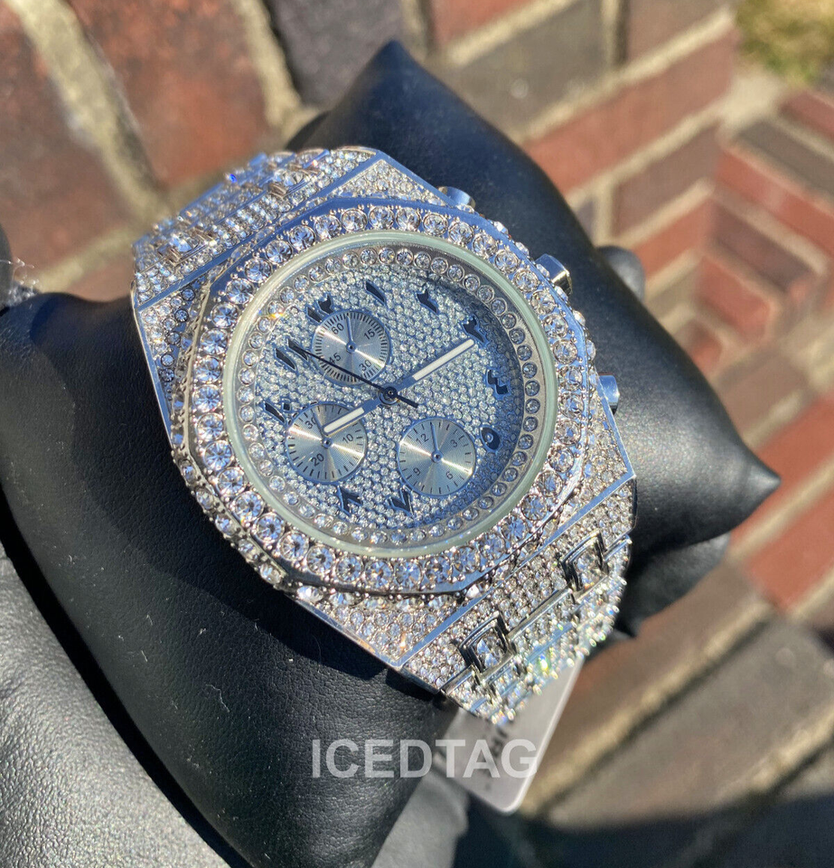 Men Iced Bling Out Silver Plated Stainless Steel Arabic Simulated ...