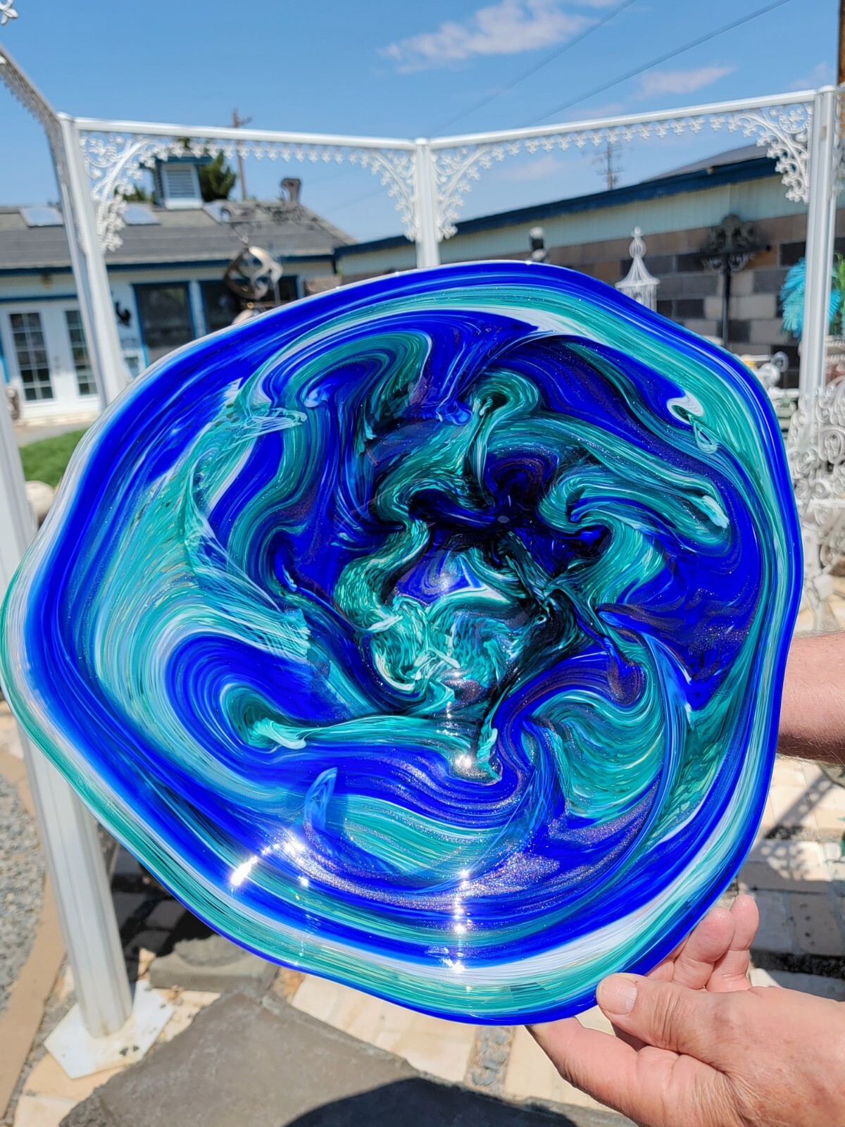 BEAUTIFUL HUGE 17.5"D FLAIR Rim Glass Murano CENTERPIECE Bowl COPPER ...