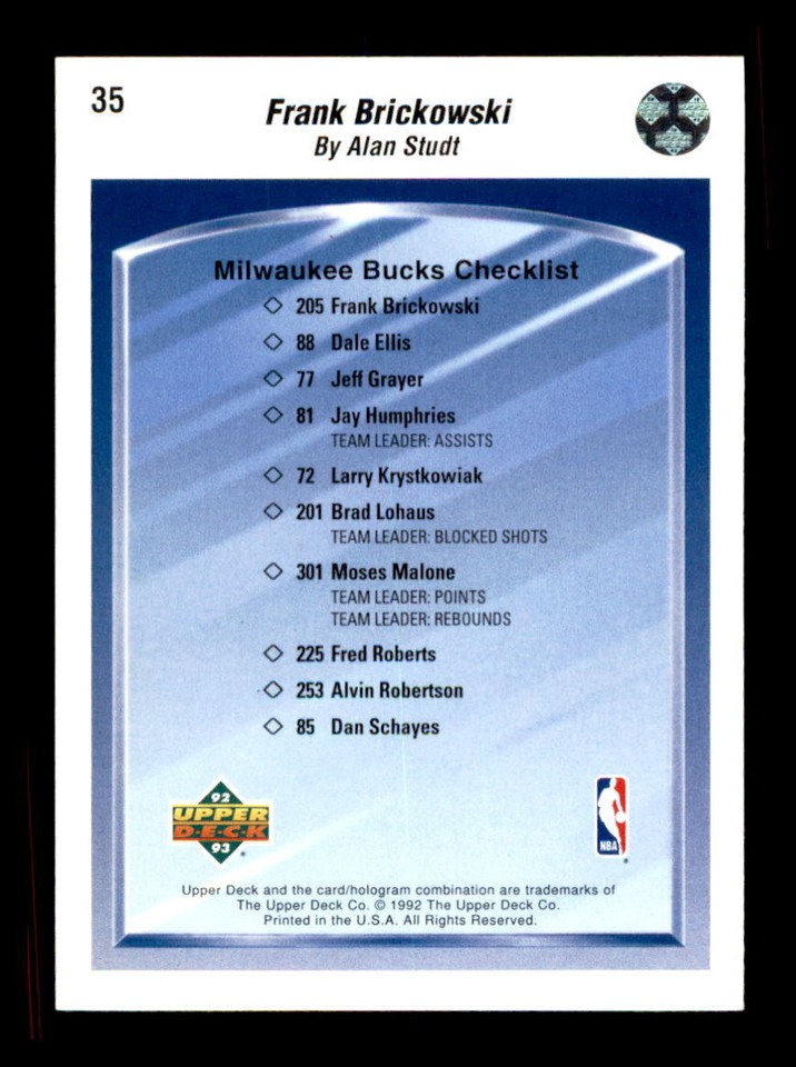 1992 Basketball Upper Deck Frank Brickowski Milwaukee Bucks #35 CL-4 | eBay