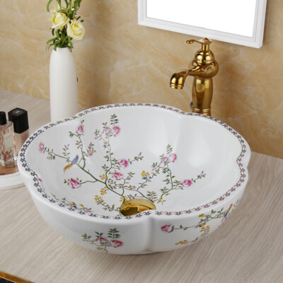 Flower Shape Bathroom Ceramic Vessel Sink White Basin Bowl Combo Gold ...