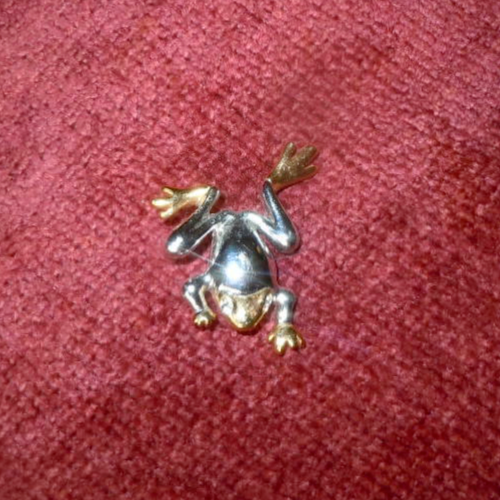 FROG PIN SIGNED LR SILVER TONE WITH GOLD TONE ACCENTS & RHINESTONE EYES ...