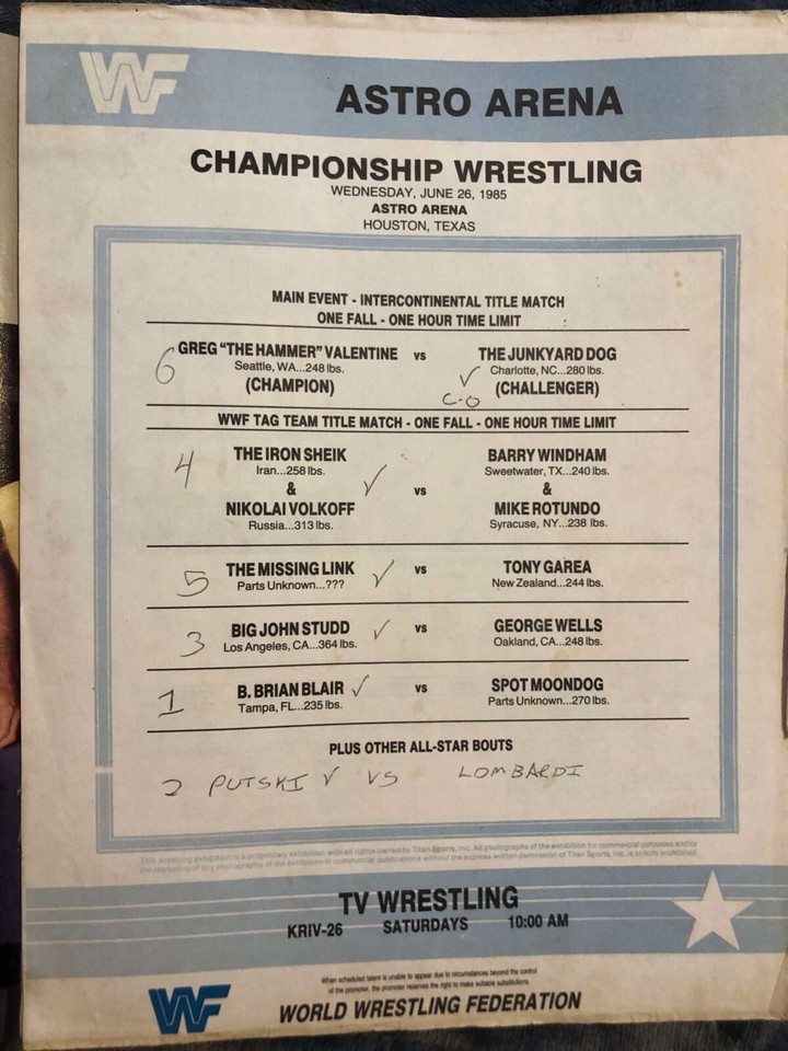 1985 WWF program with insert from Houston JYD vs Greg Valentine Astro ...