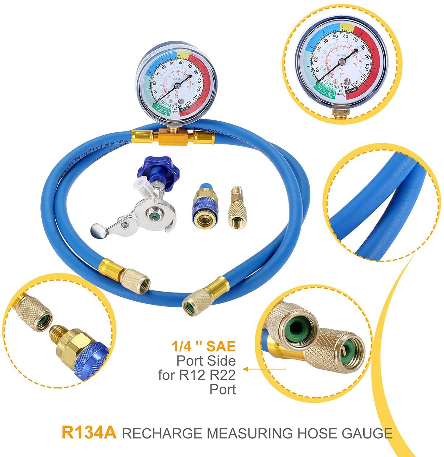 Air Conditioning R134A Charging Hose with Gauge & Universal Can Tap A/C ...
