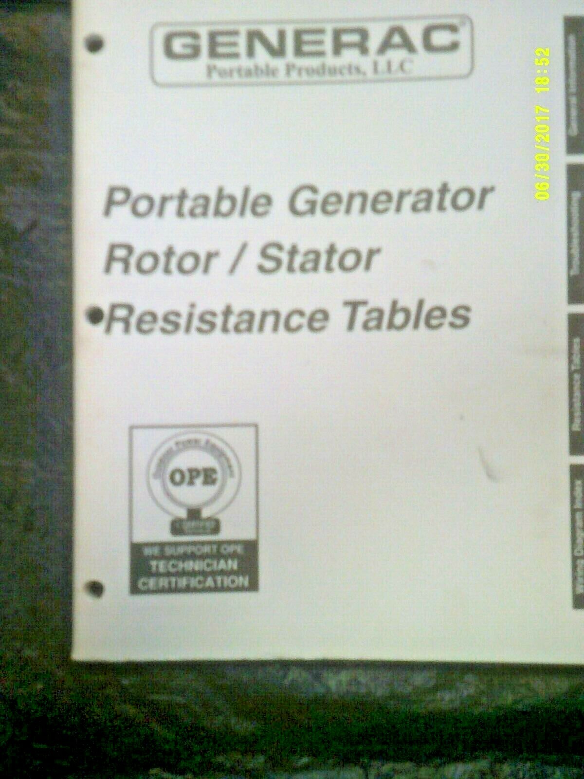 Generac Portable Generator Rotor / Stator Resistance Table Manual 87971 ...