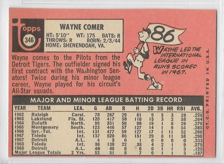 1969 Topps #346 WAYNE COMER RC Seattle Pilots EX-EXMINT **free shipping ...