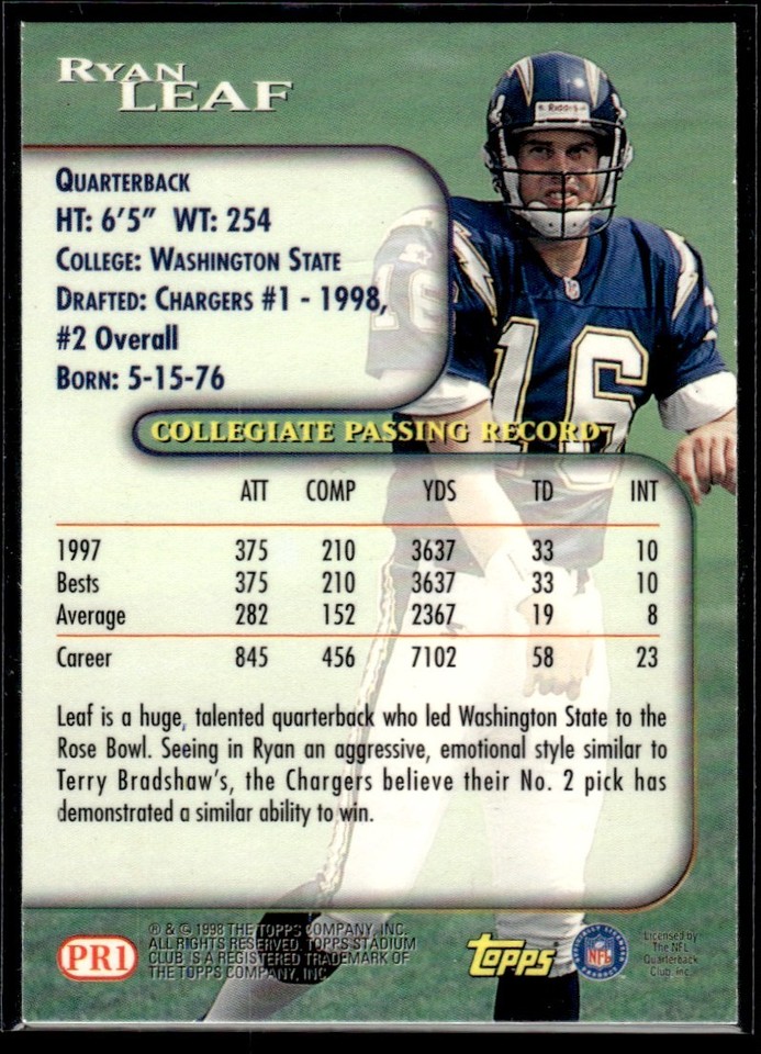 1998 Stadium Club Prime Rookies Ryan Leaf San Diego Chargers #PR1 | eBay