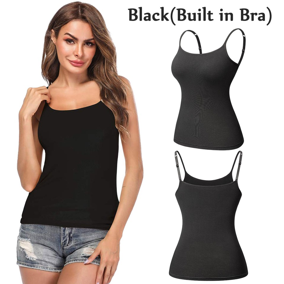 US Women Adjustable Strap Camisole with Built in Padded Bra Tank Tops ...