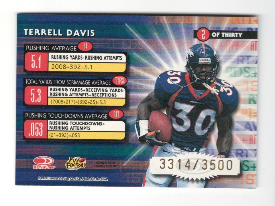 Terrell Davis 1999 Donruss Elite Power Formulas /3500 #2 Numbered ...