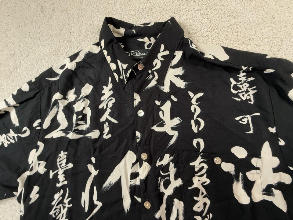 Tori Richard Shirt Mens Small Black Hawaiian Aloha Kanji Writing Made ...