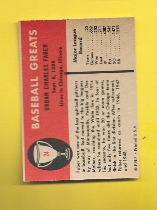 1961 Fleer Red Faber #24 Chicago White Sox NEAR MINT FREE SHIPPING | eBay
