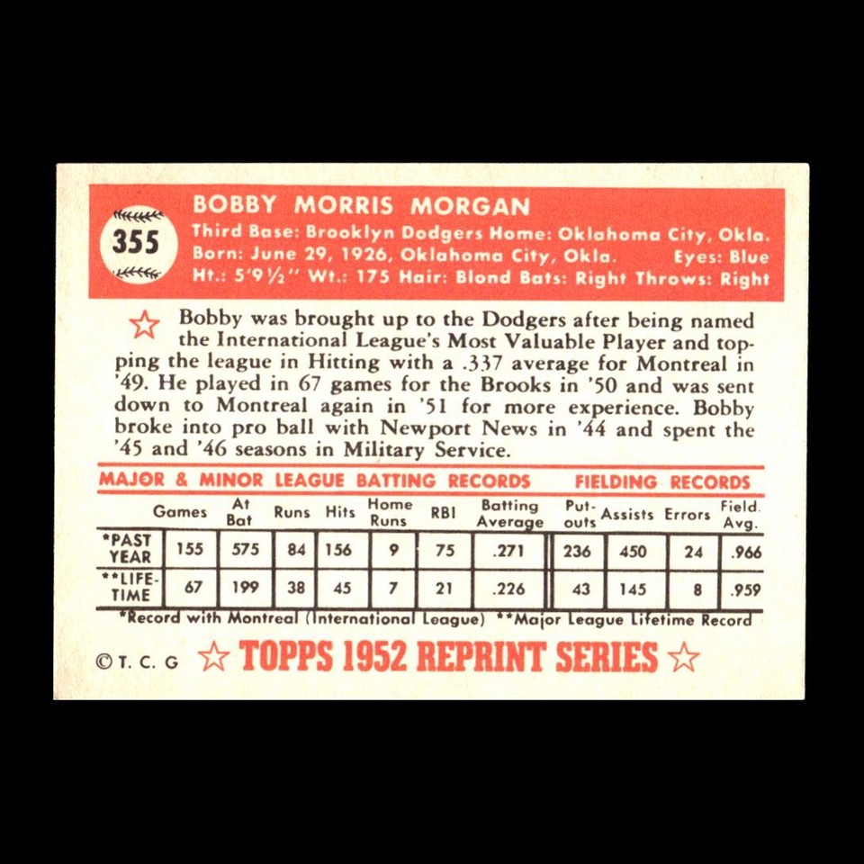 Bobby Morgan 1983 Topps 1952 Reprint Series Brooklyn Dodgers #355 NM+ ...