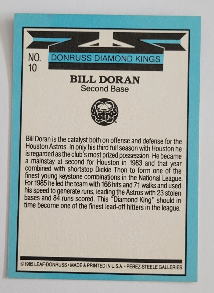 BILL DORAN Signed 1986 Donruss Diamond King #10 Houston Astros Card ...