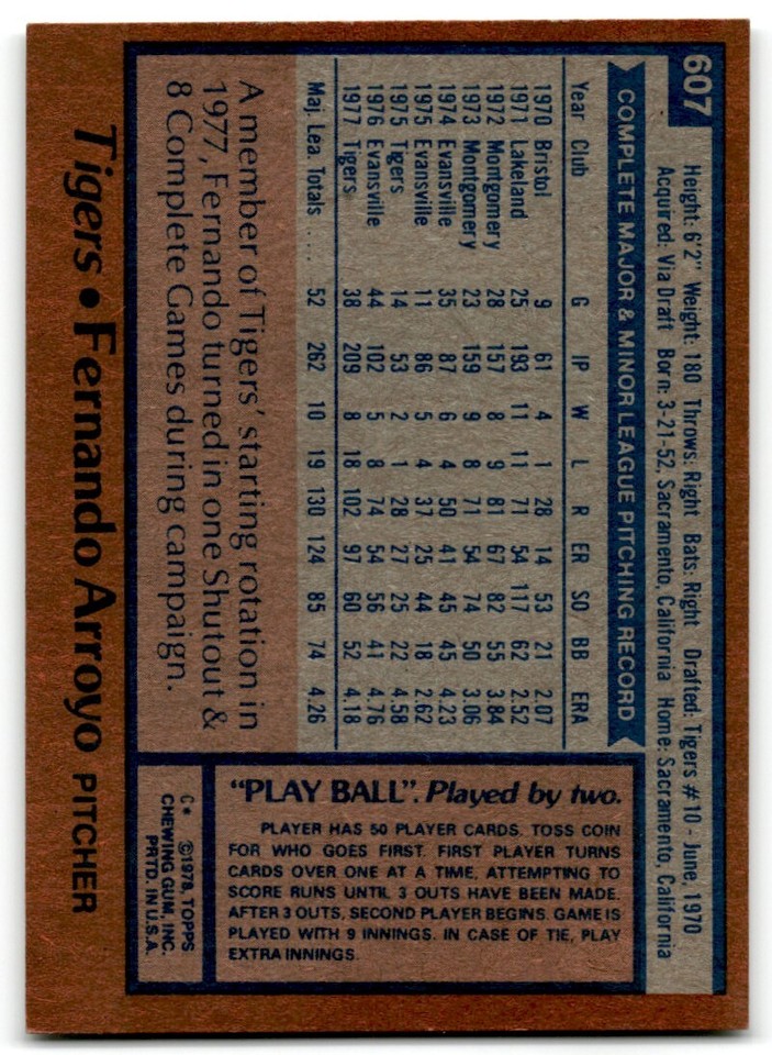 1978 Topps Fernando Arroyo Detroit Tigers #607 | eBay