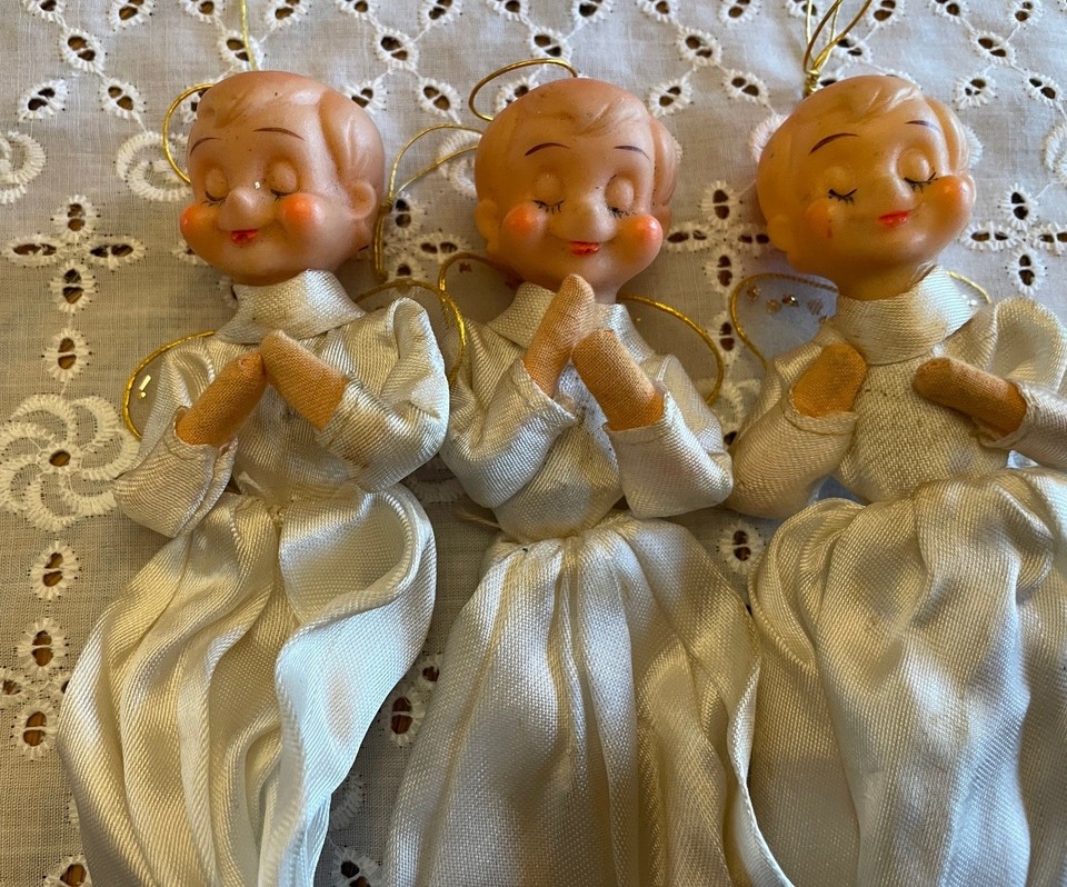 Fancy Doll Angels & Snowman MADE IN JAPAN~ Plastic Heads, Satin Robes ...