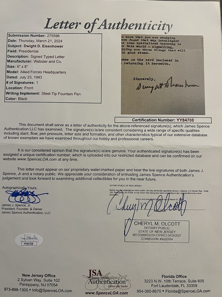 Dwight Eisenhower 1943 Typed Letter Signed as General - World War II ...