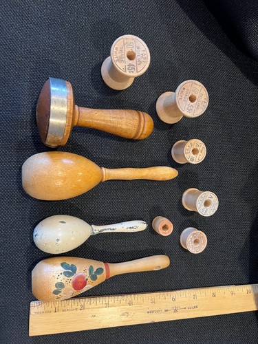 Vintage Assorted Sewing Darning Tools Wooden Sock Darners & Spools of ...
