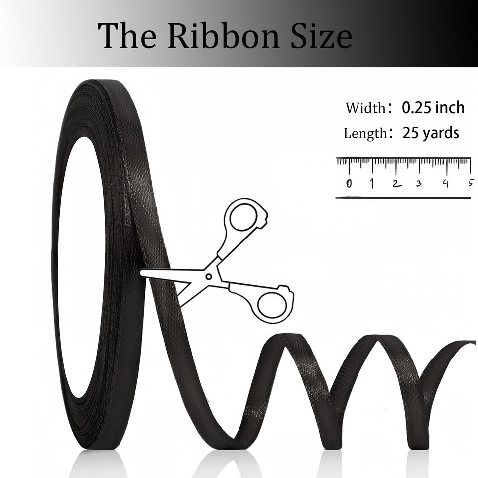 Black Ribbon 1/4 Inch Width Solid Satin 25 Yards, Silk Fabric Gift Wrap ...