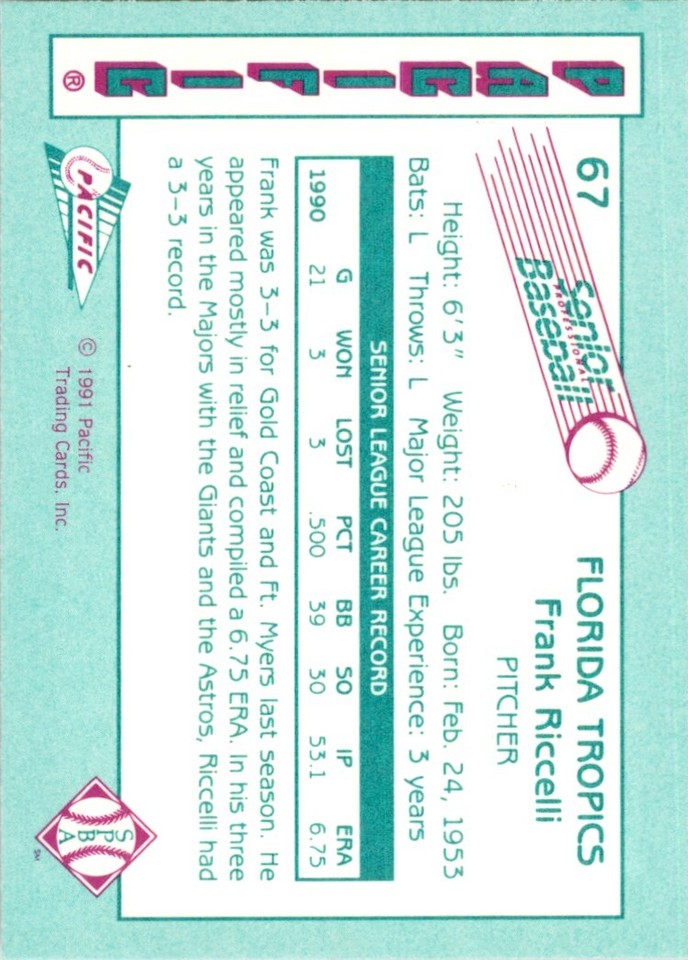 1991 Pacific Senior League Frank Riccelli . Florida Tropics #67 | eBay