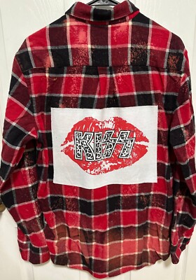 Custom Upcycled Distressed Flannel Shirt w/ Kiss Rock Band Mens M | eBay