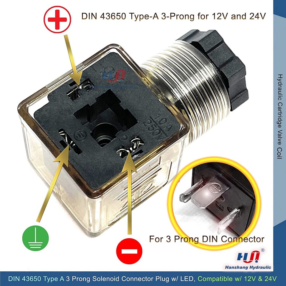 DIN 43650 Type A 3 Prong Solenoid Connector Plug DC 12 V 24 VDC w/ LED ...